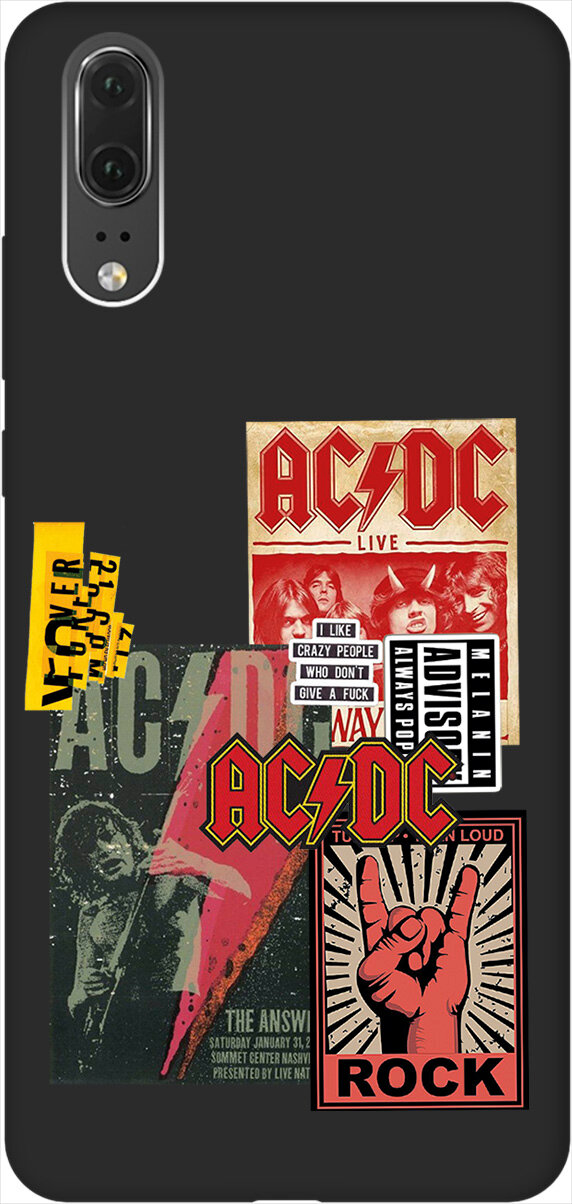Матовый чехол AC/DC Stickers для Huawei P20 / Хуавей П20 с 3D эффектом черный