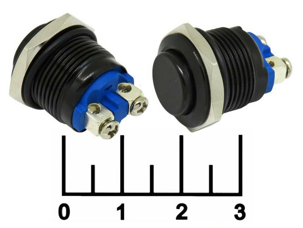 Кнопка без фиксации антивандальная черная металл 2 контакта под винт (16мм)