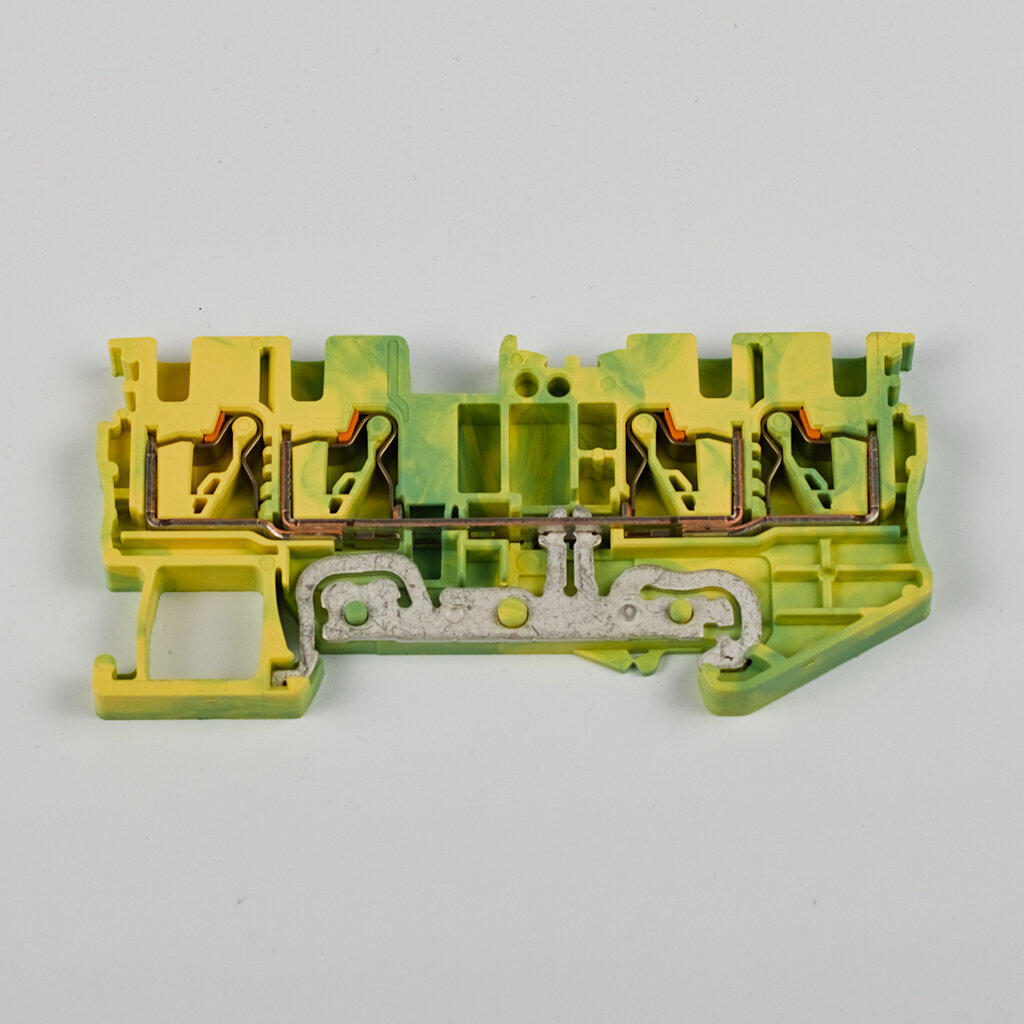 DP1.5N-TR-PE Клемма Push-in 4-х контактная, проходная, заземляющая, 0.14-1.5 мм2, 500B, цвет желто-зеленый, Dinkle.