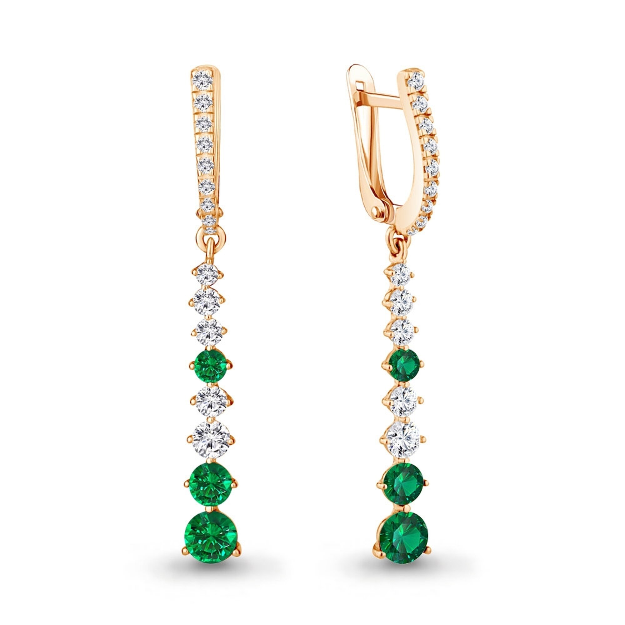 Серьги, серебро, 925 проба, золочение, изумруд синтетический, фианит