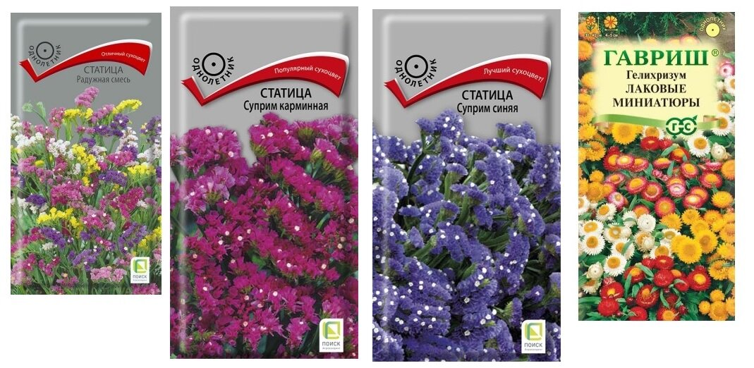 Набор семян "Четыре лета" (Статица Радужная смесь, Суприм карминная, Суприм Синяя, Гелихризум Лаковые миниатюры)