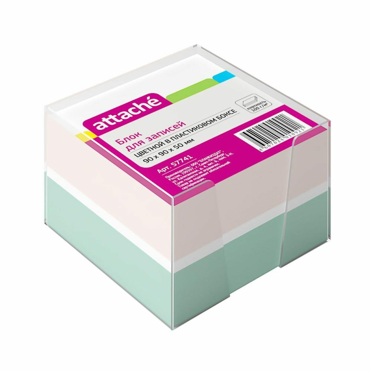 Блок-кубик для записей Attache, 90x90x50мм, цветной, прозрачный бокс, 36шт.