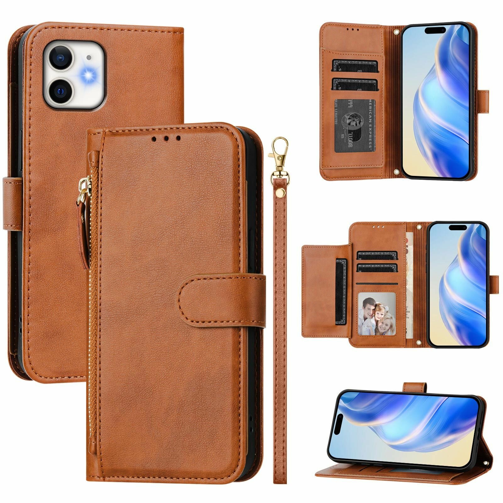 Кожаный книжка чехол в виде бумажника для Apple iPhone 12/ iPhone 12 Pro (Айфон 12/ Айфон 12 Про) с застежкой-молнией, коротким шнуром, Складной слот для карт и отделением для кошелька
