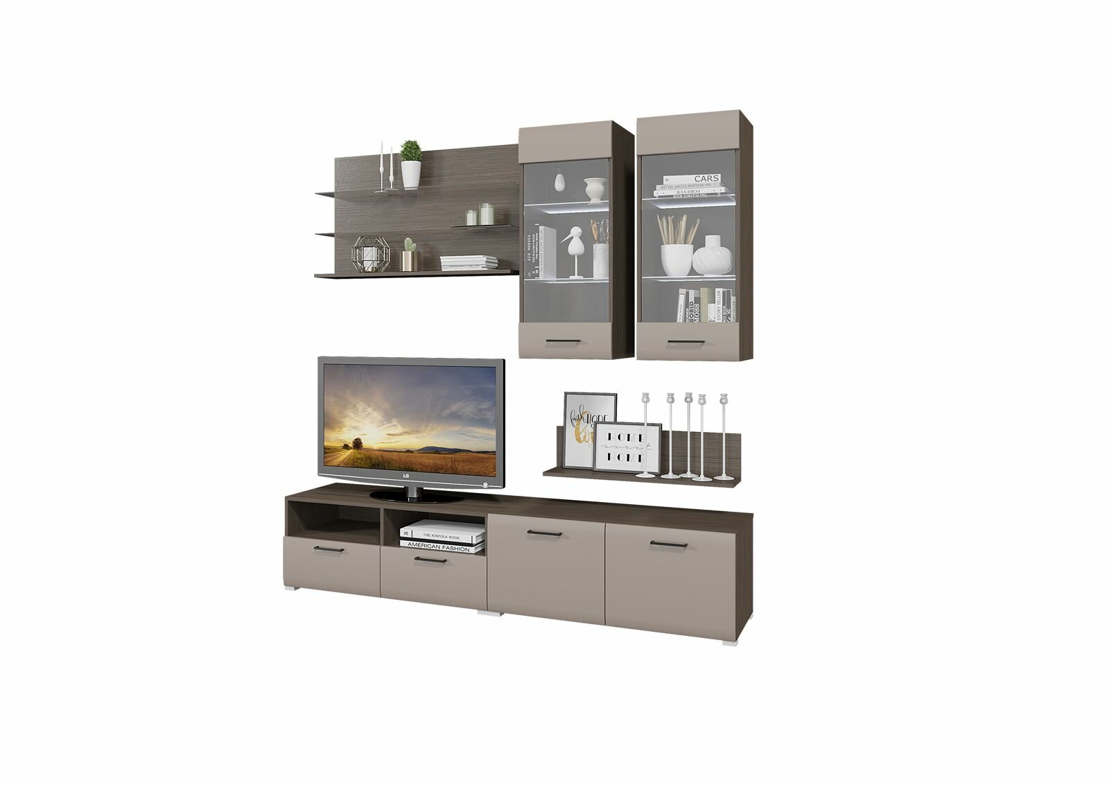 Гостиная Ненси 3, цвет Венге/Капучино глянец ширина 200 см ЛДСП с тумбой под ТВ с навесными и напольными шкафами с полкой на стену