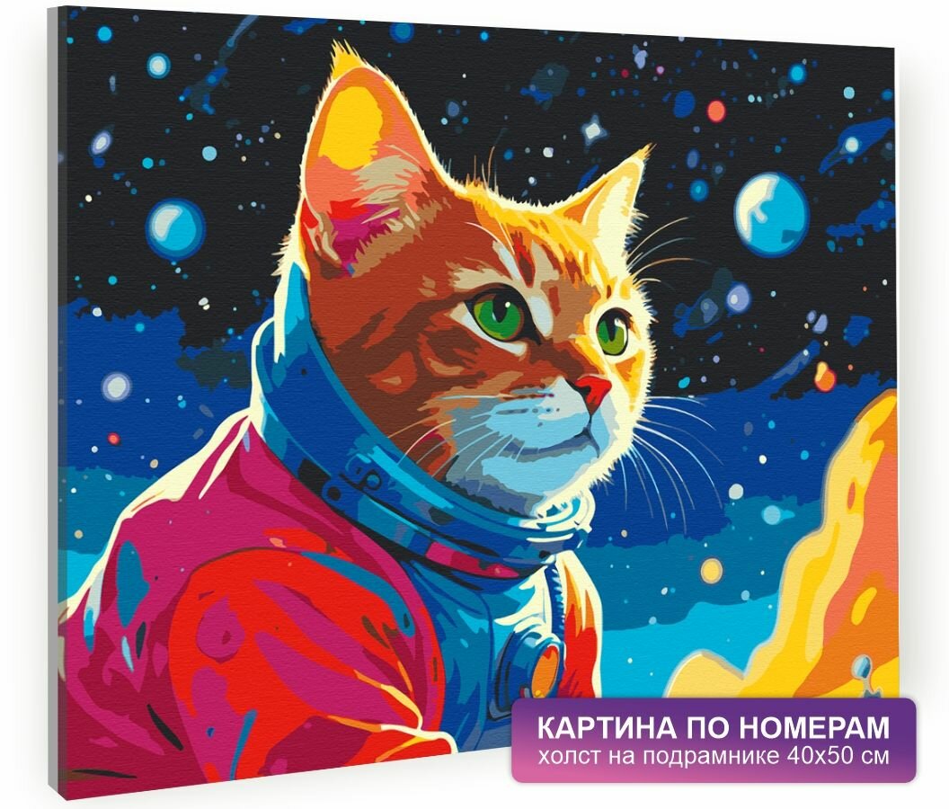 Картина по номерам на холсте с подрамником 40х50 см. Природа, животные, рыбы, птицы. Кот, кошка, котенок. "Фелисетт, кот в космосе", арт. 5357/