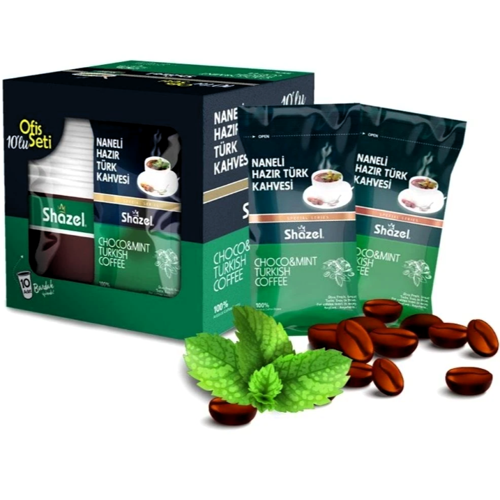 Кофе растворимый со вкусом шоколада и мяты Shazel в пакетиках+стаканы 10 шт