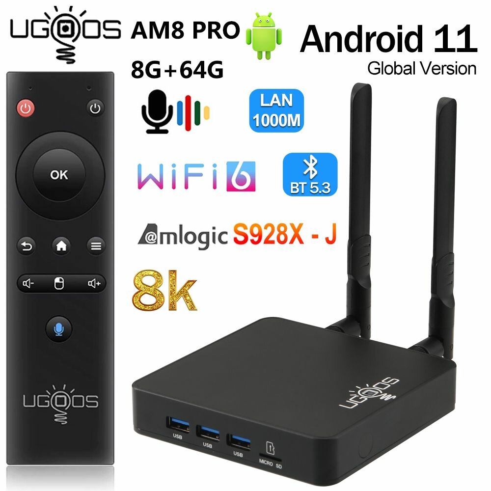 Смарт-ТВ-приставка Ugoos "AM8 PRO", Android 11, Amlogic S928X-J, 8 Гб+64 Гб, Wi-Fi6, BT5.3, 1000M телеприставка