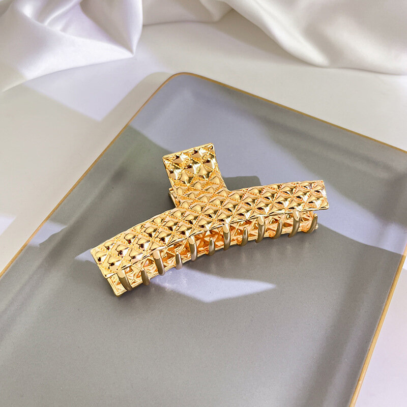 Заколка для волос "Бабочка", шахматный узор, кожаный, золотой