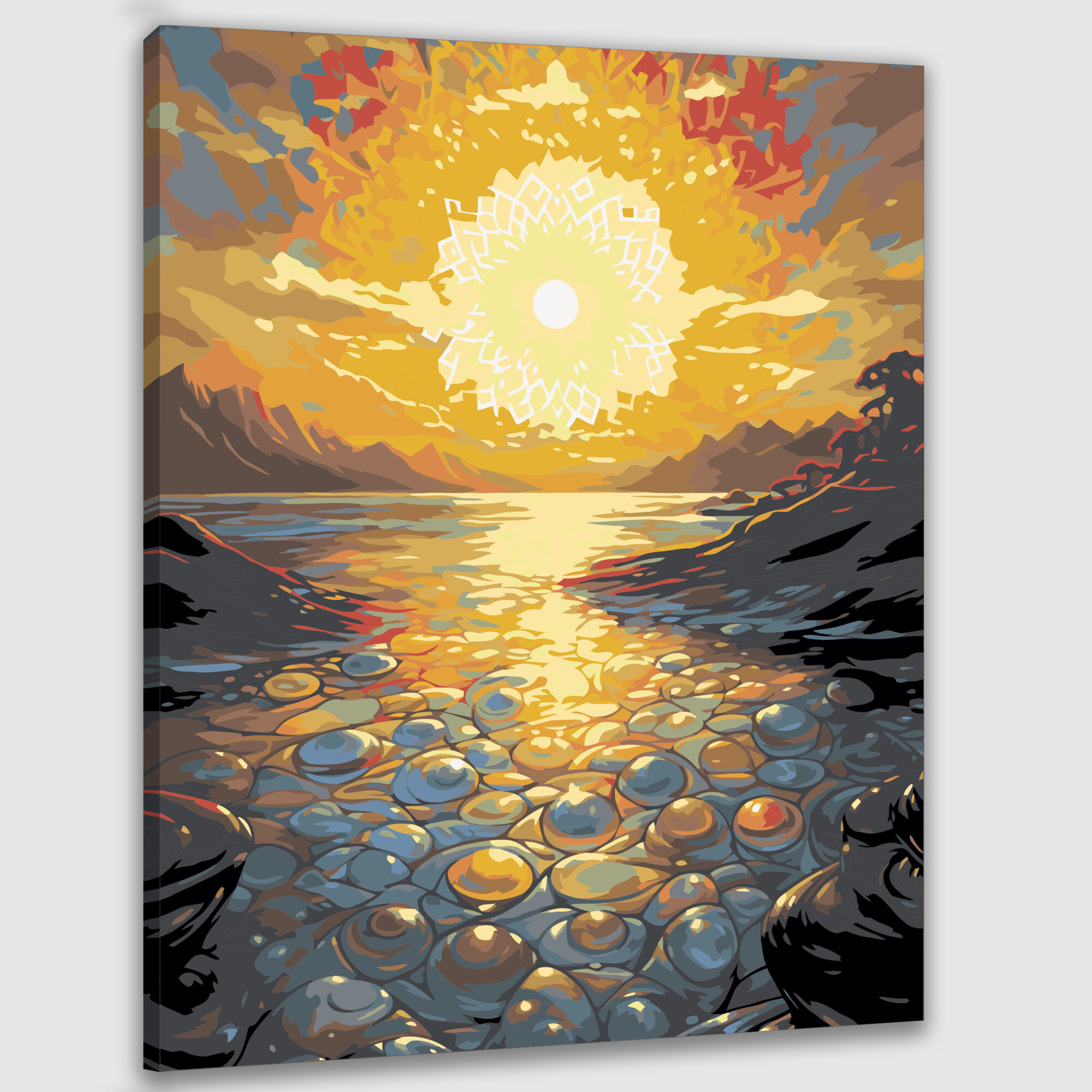 Картина по номерам 40x50 см, картина, масло, пляж, закат, отражение, солнце, вода, зодиакальный круг, знаки