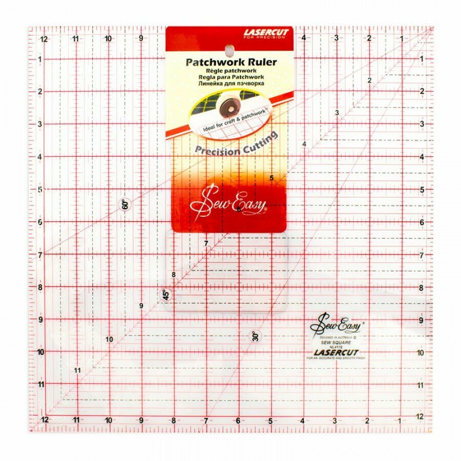 Линейка для пэчворка с градицей в дюймах, квадрат 12 1/2 31,75 х 31,75 см прозрачный с красно-черной разметкой HEMLINE NL4178