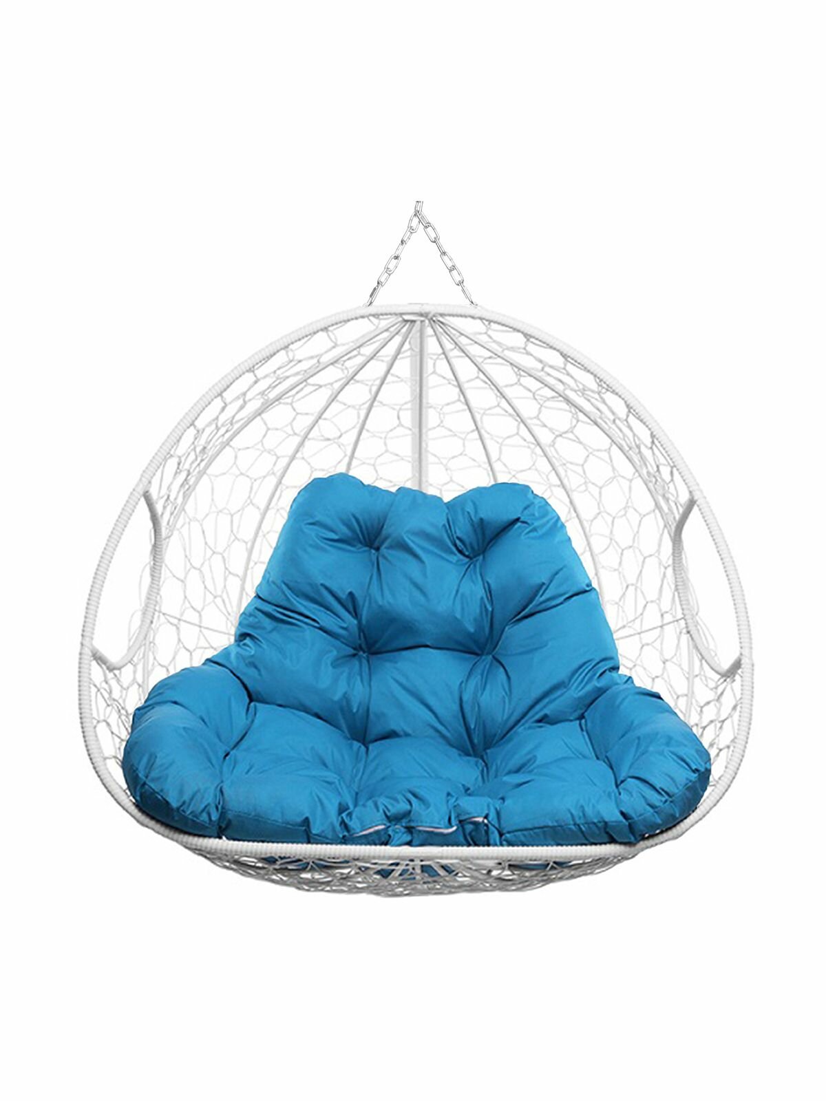 Подвесное кресло для двоих (без стойки), с ротангом белое, голубая подушка