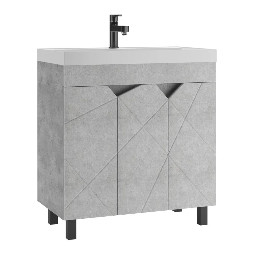 Тумба с раковиной Домино Вектор (Vector) 80 напольная, 80 см, серая, матовая, из МДФ, с дверками, раковина для ванной, из искусственного мрамора, прямоугольная