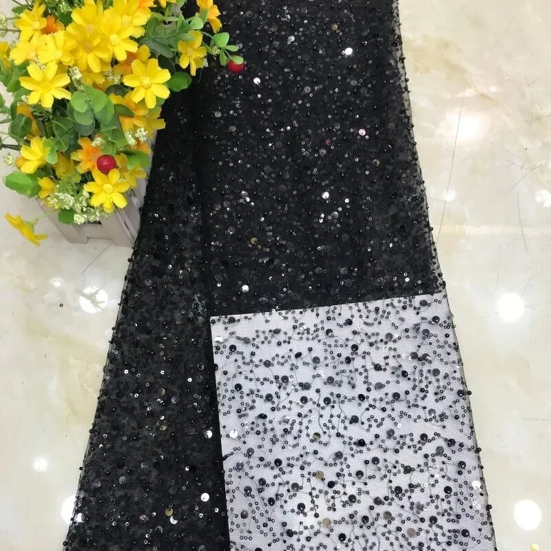 Кружевная сетка с бисером и пайетками, полиэстер, 130 см Черный, 11