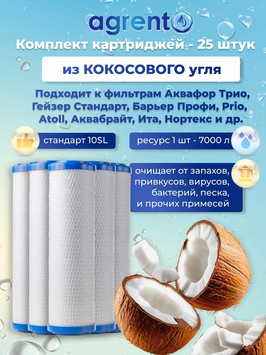 Комплект картриджей 25 штук из кокосового угля, подходит к фильтрам для воды Аквафор, Барьер, Гейзер и др. систем 10SL