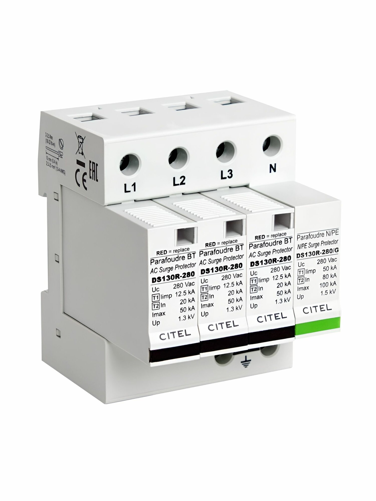 УЗИП CITEL DS134RS-280/G (571134), тип 1+2, импульс Imax 50кА, для защиты трёхфазной сети переменного тока систем заземления TT или TNS, сменные модули, дистанционная сигнализация