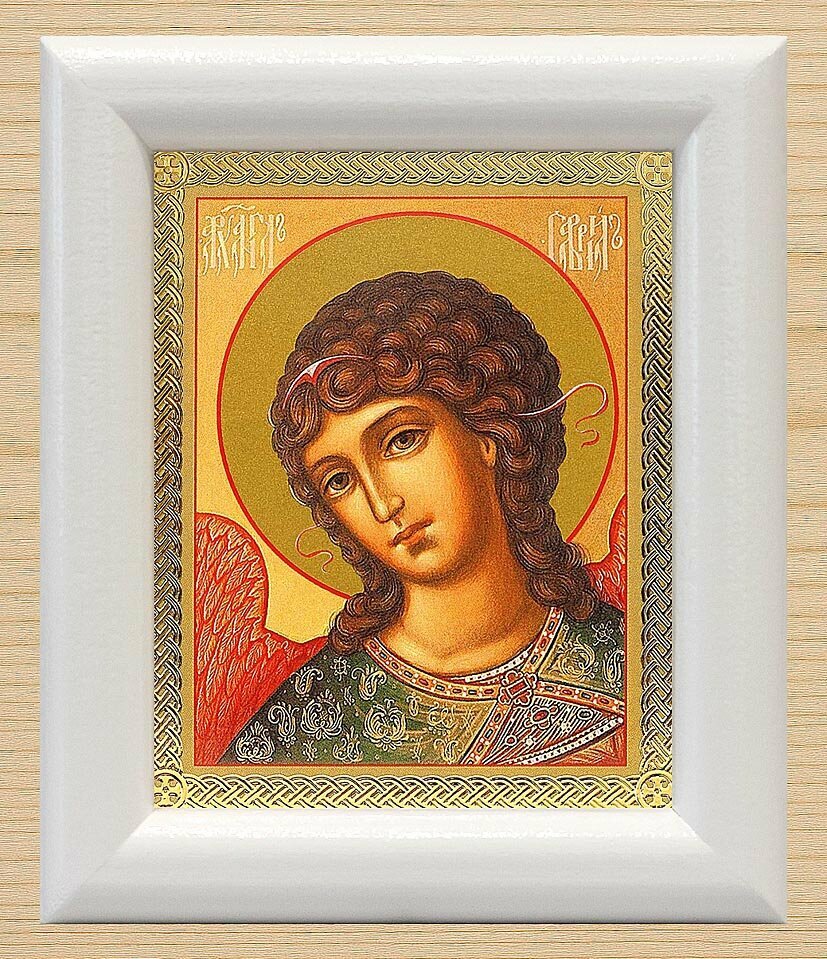 Архангел Гавриил, икона в белой деревянной рамке 8*9,5 см