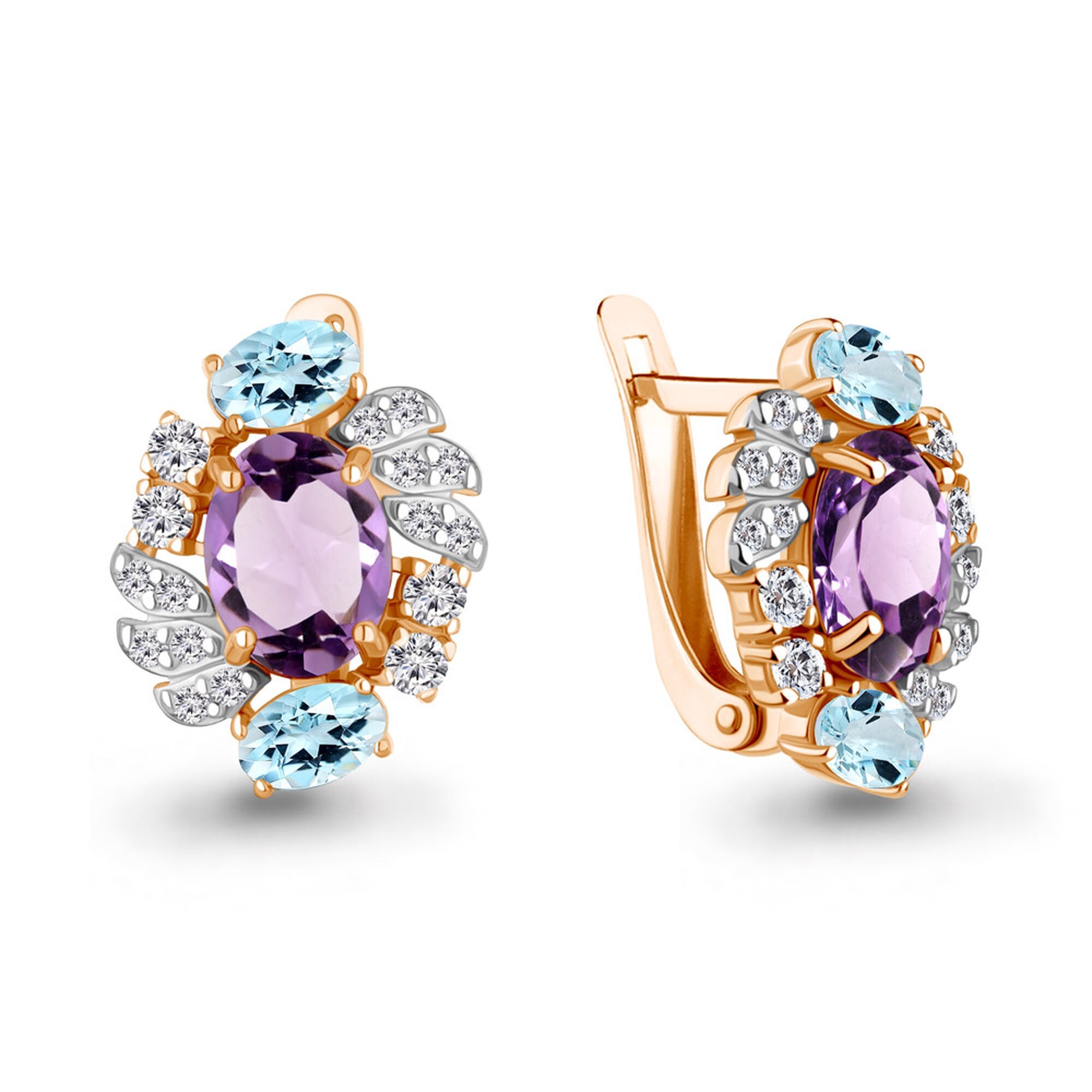 Серьги, серебро, 925 проба, золочение, аметист, топаз, фианит