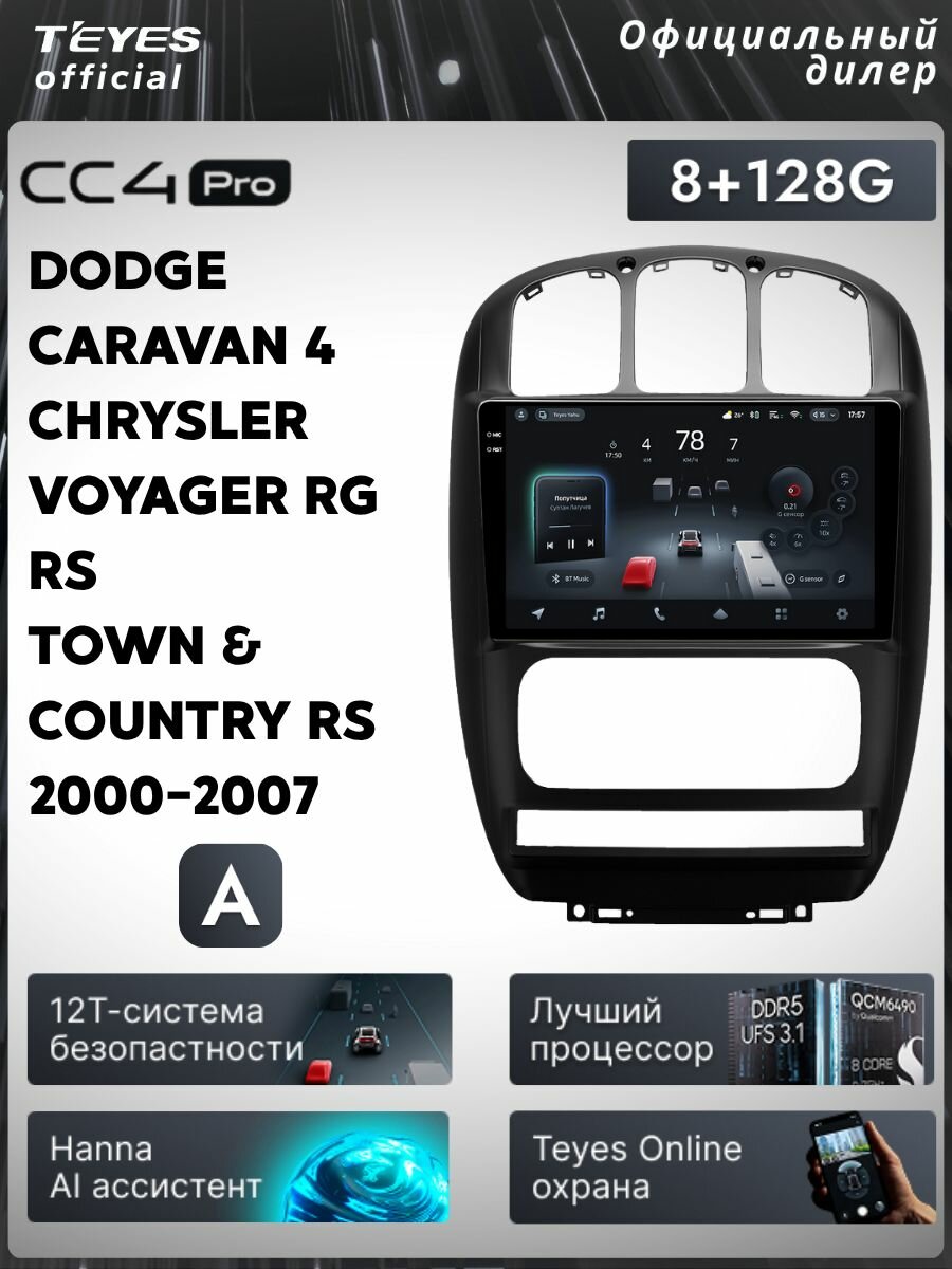 Магнитола Dodge Caravan 4 Chrysler Voyager RG RS 2000-2007 (Комплектация А) Teyes CC4 Pro 8/128GB, штатная магнитола,