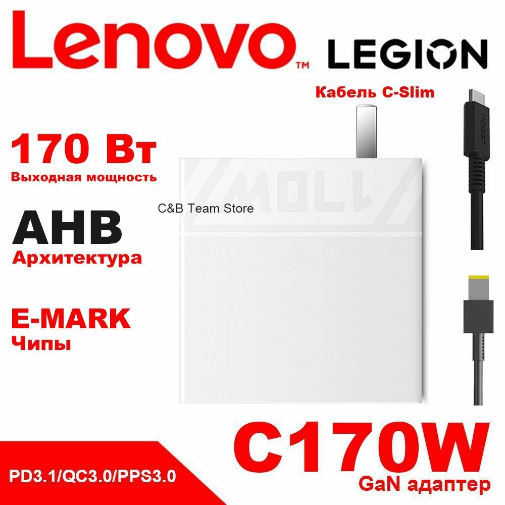 LENOVO LEGION C170W GaN адаптеры PD3.0, QC3.0, протокол быстрой зарядки PPSПрограмма интерфейса Type-C C-Slim с квадратным портом и кабелем E-MARK