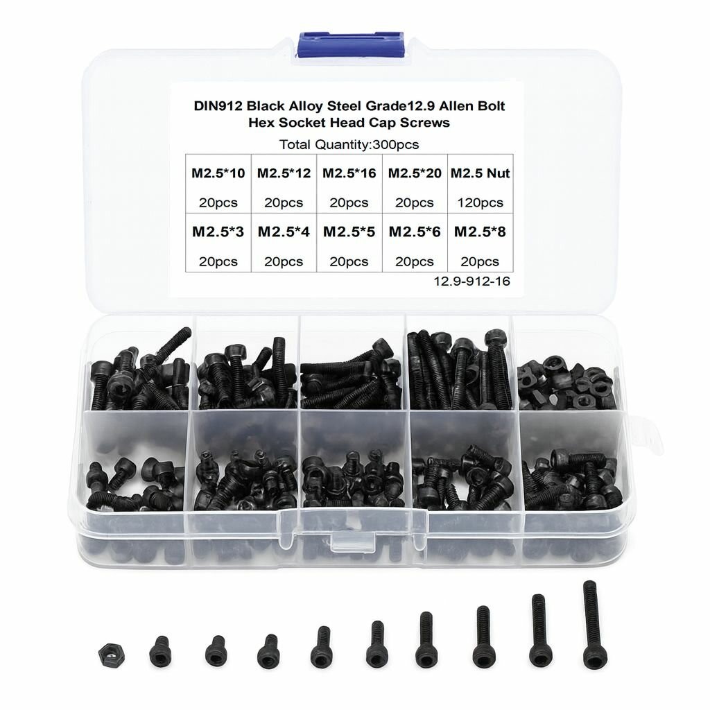 Набор чёрных винтов (болтов) с шестигранной головкой и гаек M2.5, в комплекте 300 шт (СФ)