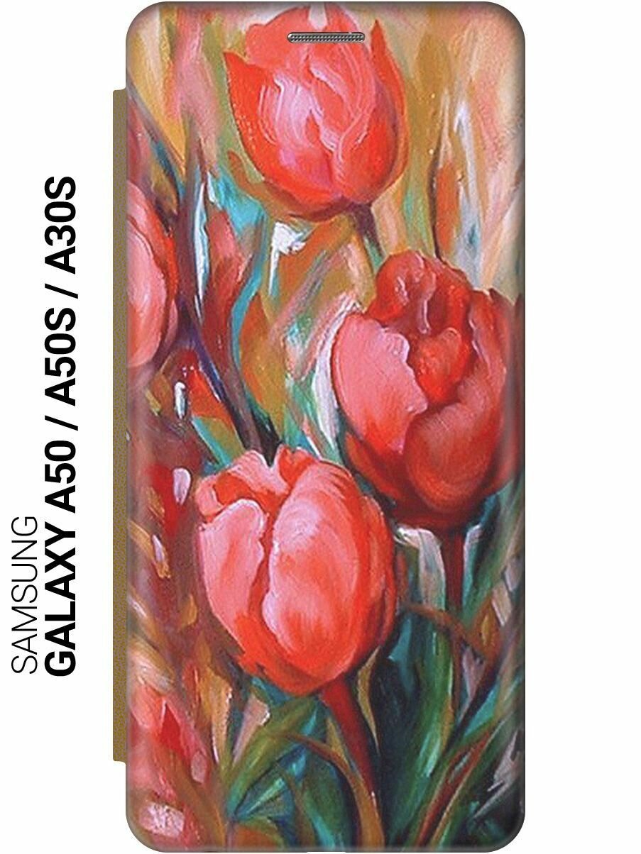 Чехол-книжка на Samsung Galaxy A50, A50s, A30s, Самсунг А50, А30с, А50с c принтом "Тюльпаны" золотистый