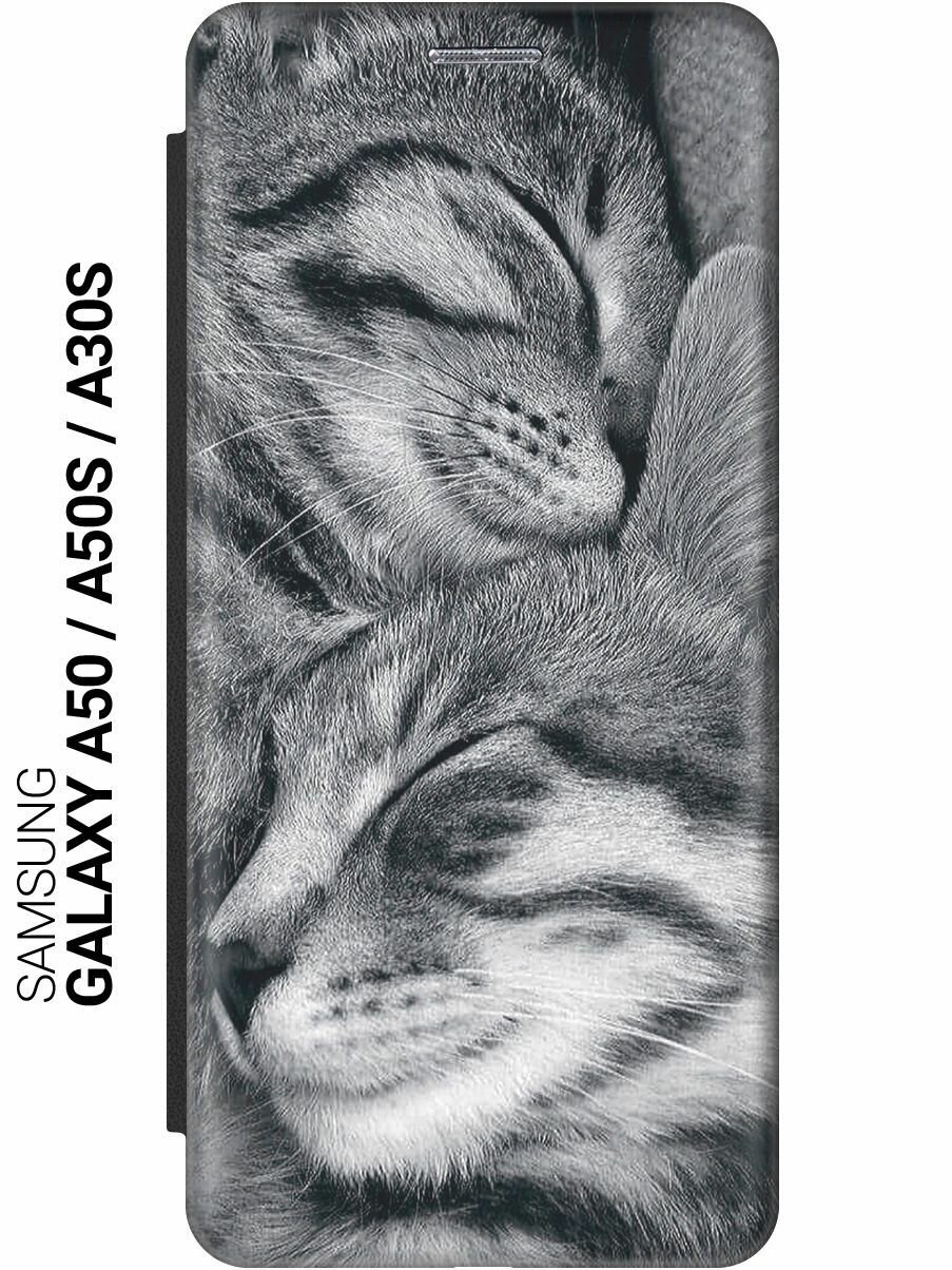 Чехол-книжка на Samsung Galaxy A50, A50s, A30s, Самсунг А50, А30с, А50с c принтом "Милующиеся котики" черный