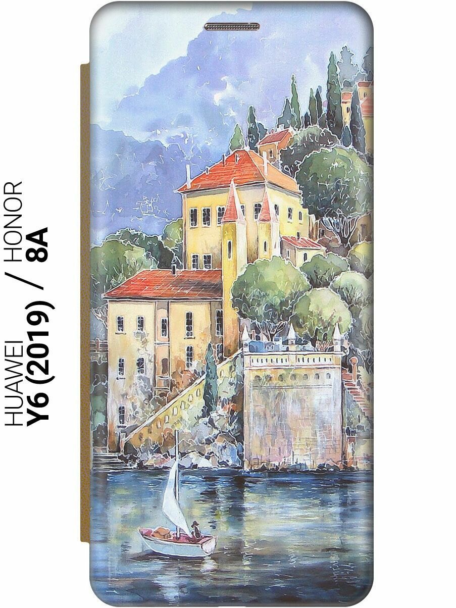 Чехол-книжка на Honor 8A, 8A Pro, Huawei Y6 (2019), Y6 Prime (2019), Хуавей Хонор 8а c принтом "Город у моря" золотистый
