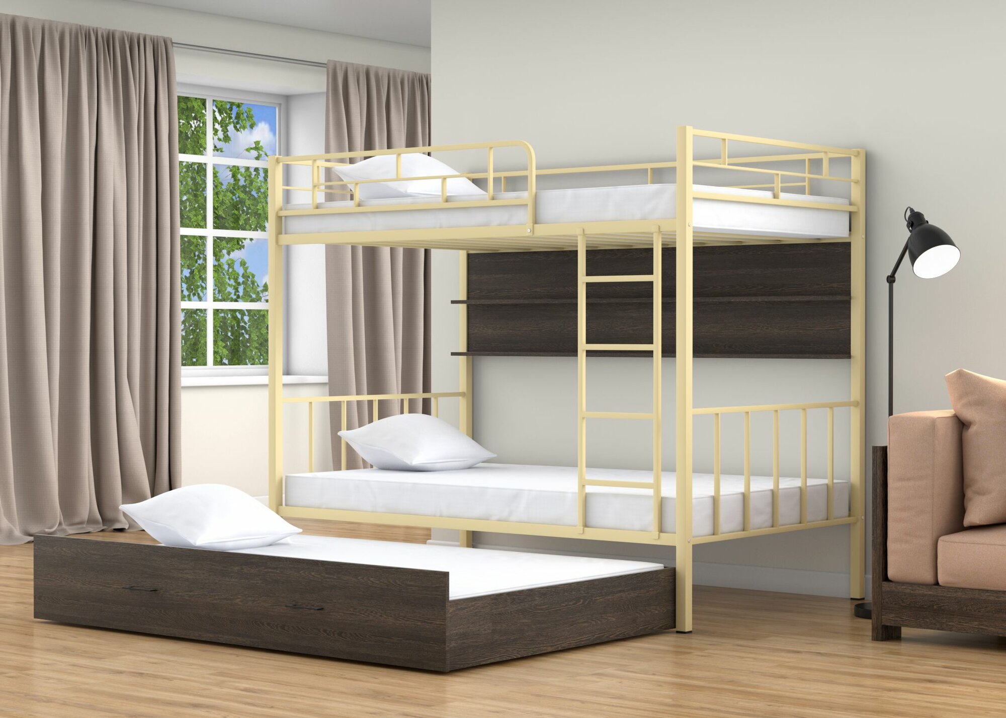 Двухъярусная кровать Валенсия 120 выкатная с полкой Слоновая кость/венге