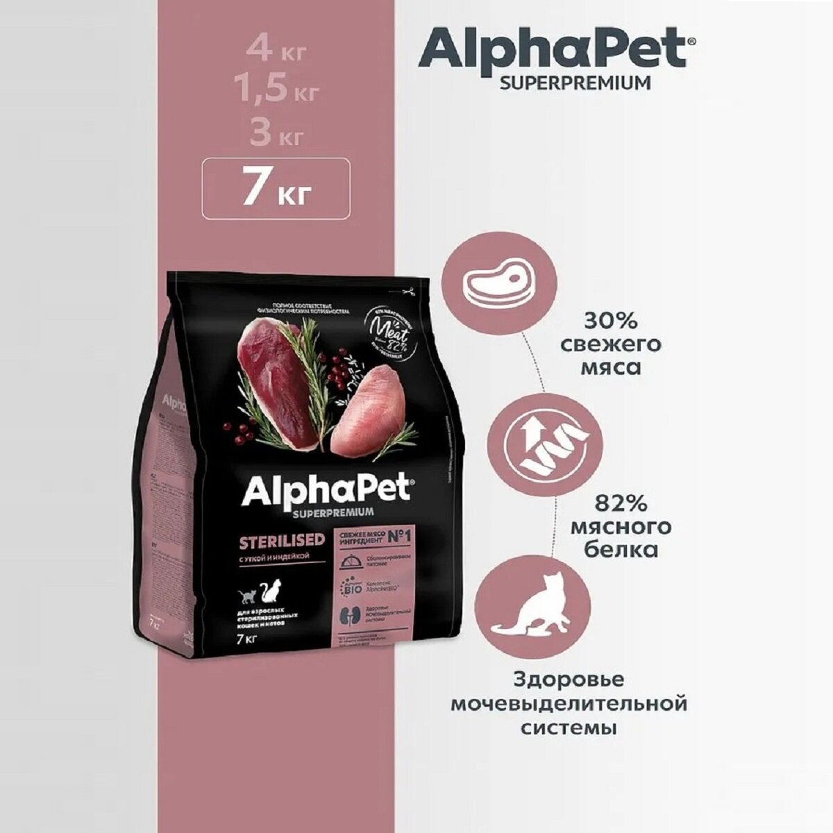 ALPHAPET SUPERPREMIUM корм сухой для стерилизованных кошек и котов с Уткой и индейкой 7кг