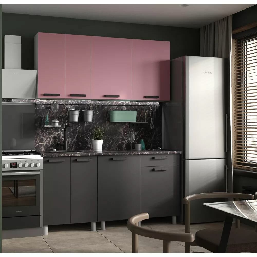 Кухонный гарнитур (кухня) Осло 1.6м , МДФ фасад Карбон Сакура/Карбон Вулкан, корпус белый ЛДСП, столешница Антарес 26 мм, 1600х2160х600 тэкс