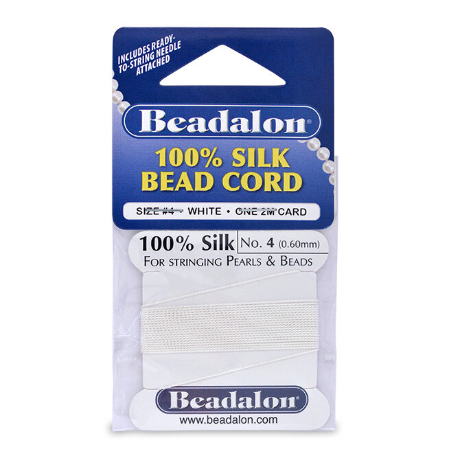 Нить шелковая, Beadalon No.4 (0.60мм), белая, с иглой, моток, 2 метра