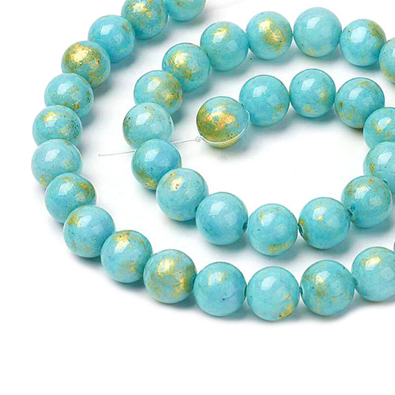 Бусины каменные, жадеит прессованный, бирюзово-голубой с золотой поталью, 8мм, 48 шт, низка