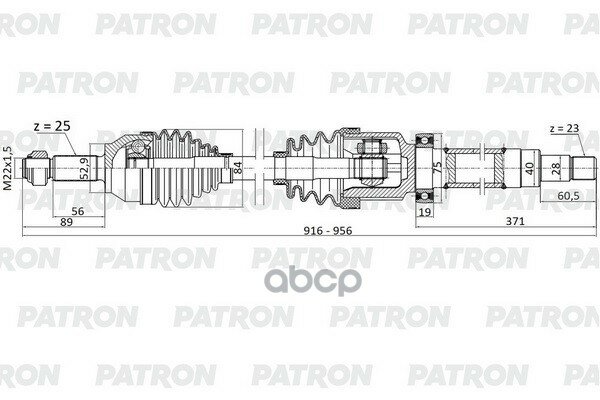 Полуось пер. прав. 25x916x52.9x23 FORD Fiesta 01- / Fusion 02- (от подш. до конца вала - 371 мм! ) PATRON арт. PDS0350
