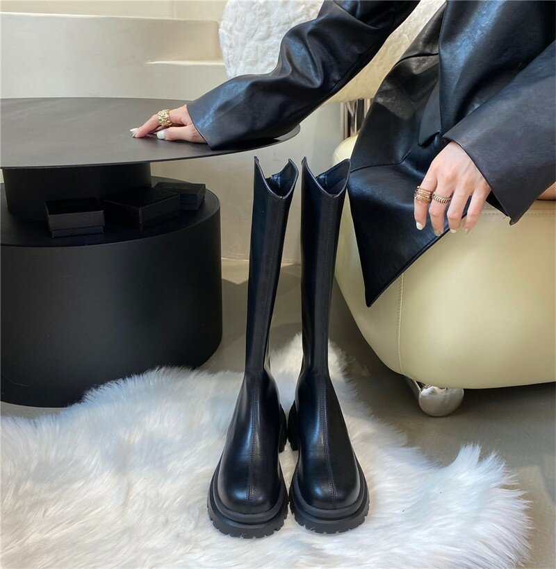 Длинные сапоги на толстой подошве, женские, осень-зима 2025, новые коричневые модные сапоги на толстом каблуке, длинные узкие сапоги, рыцарские сапоги для женщин