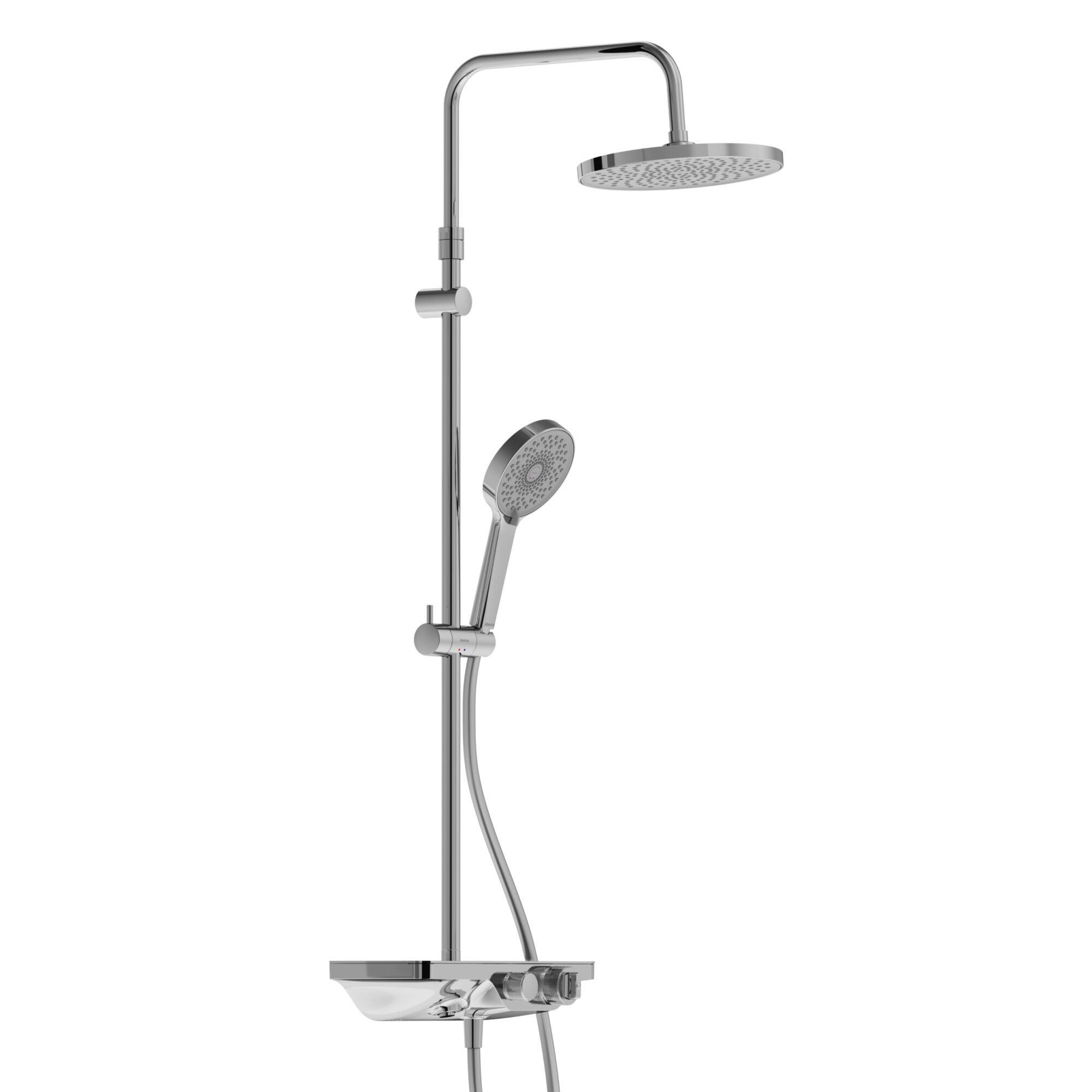 Душевая система с тропическим душем Damixa Timber, хром, смеситель с термостатом и полкой, телескопическая штанга