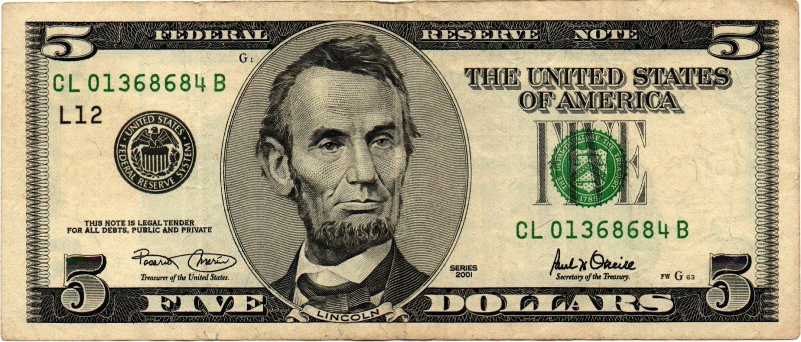 5 долларов 2001 год США 01368684