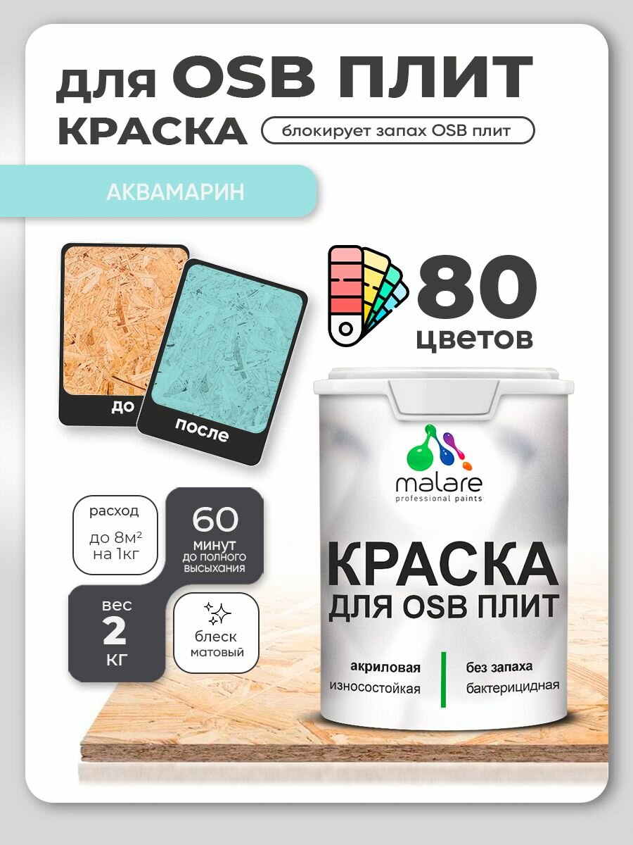 Акриловая краска для ОСБ плит Malare для дерева для наружных и внутренних работ, быстросохнущая без запаха матовая, акварельно-голубой, 2 кг