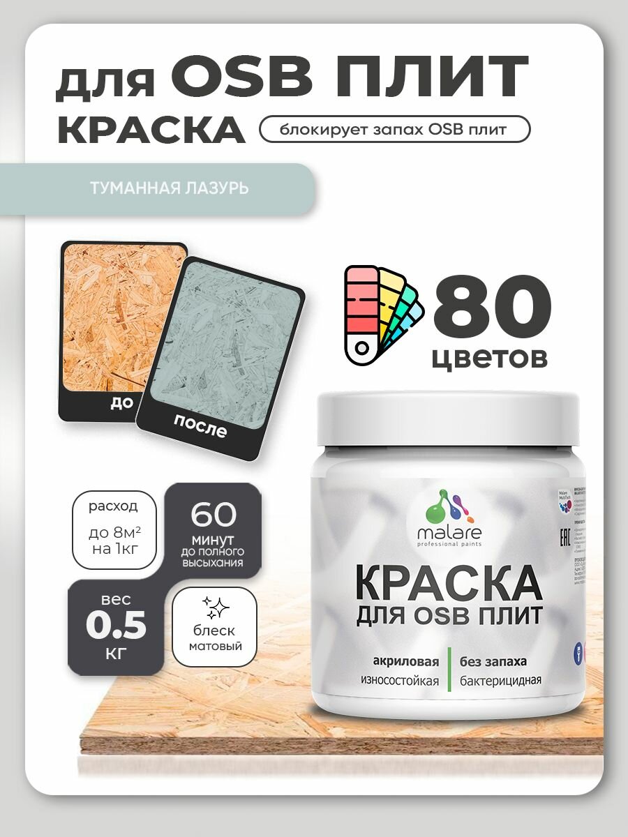 Акриловая краска для ОСБ плит Malare для дерева для наружных и внутренних работ, быстросохнущая без запаха матовая, туманная лазурь, 0.5 кг