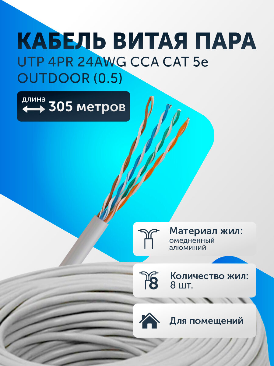 Витая пара кабель внутренний U/UTP 4 пары 8 жил 24 AWG PE CCA CAT 5e (0.5) UTP интернет кабель сетевой 305 метров