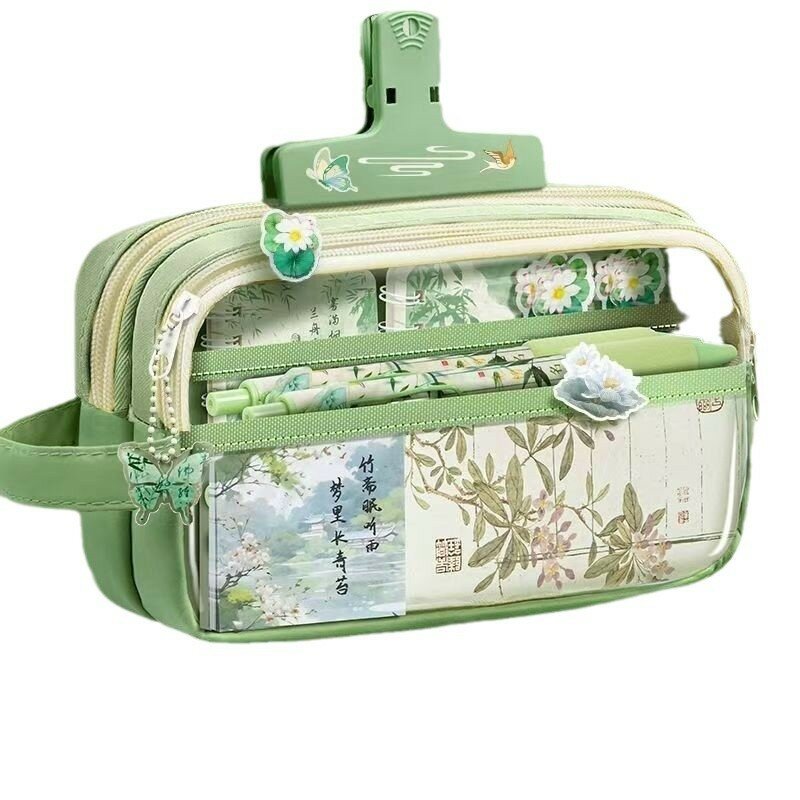 Пенал большой вместимости, элегантный чехол для ручек в китайском стиле с прозрачным дизайном, холщовый органайзер для канцелярских принадлежностей для студентов, идеально подходит для школьных и офисных принадлежностей, цвет чайного зеленого