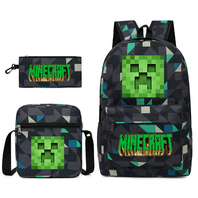21 Популярные игры Minecraft Creeper Рюкзак Ручка Сумка Сумка из трех частей Холщовая школьная сумка 02
