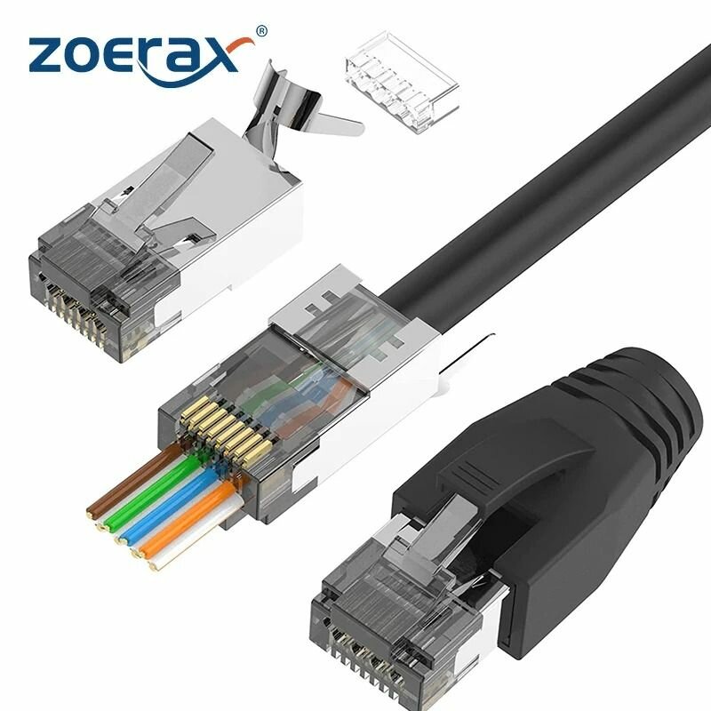 Разъём ZoeRax CAT6A CAT7, проходные разъёмы RJ45 CAT6A CAT7, экранированный, 3-контактный, с защитными колпачками, чёрный