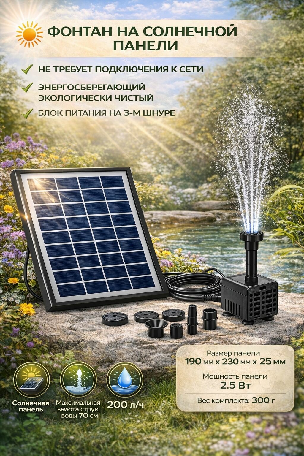 Погружной дачный фонтан с выносной солнечной панелью 2,5w