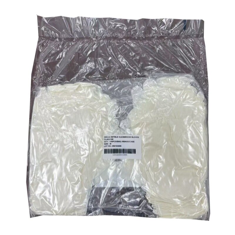 В наличии одноразовые нитриловые перчатки, класс 100, белые, безворсовые нитриловые перчатки для чистых помещений, 100 штук.