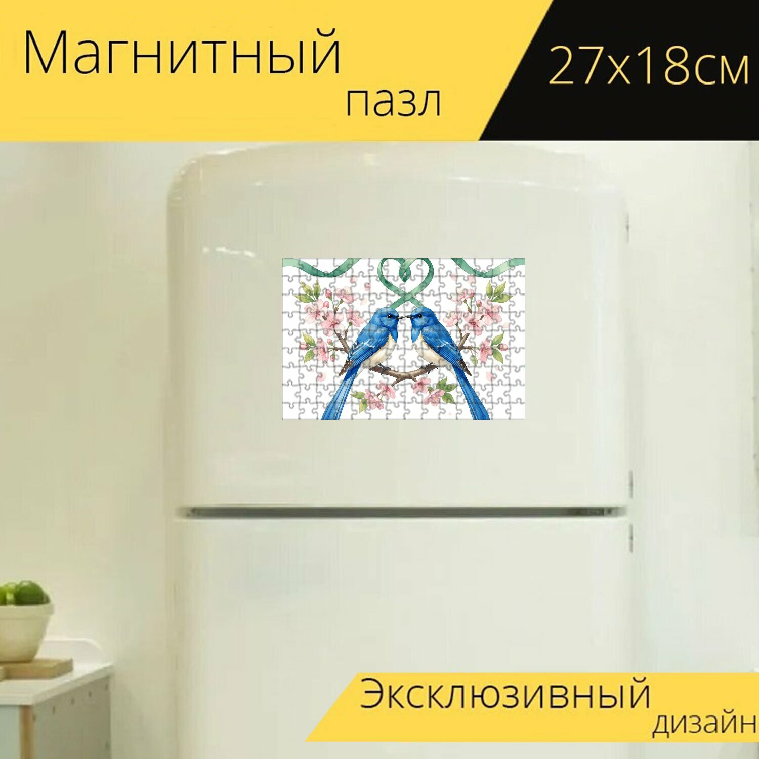 Магнитный пазл "Синие птицы среди цветущих ветвей. Нежная акварельная композиция с парой лазурных пернатых на ветке, розовыми цветами и зелёной лентой в." на холодильник 27 x 18 см.