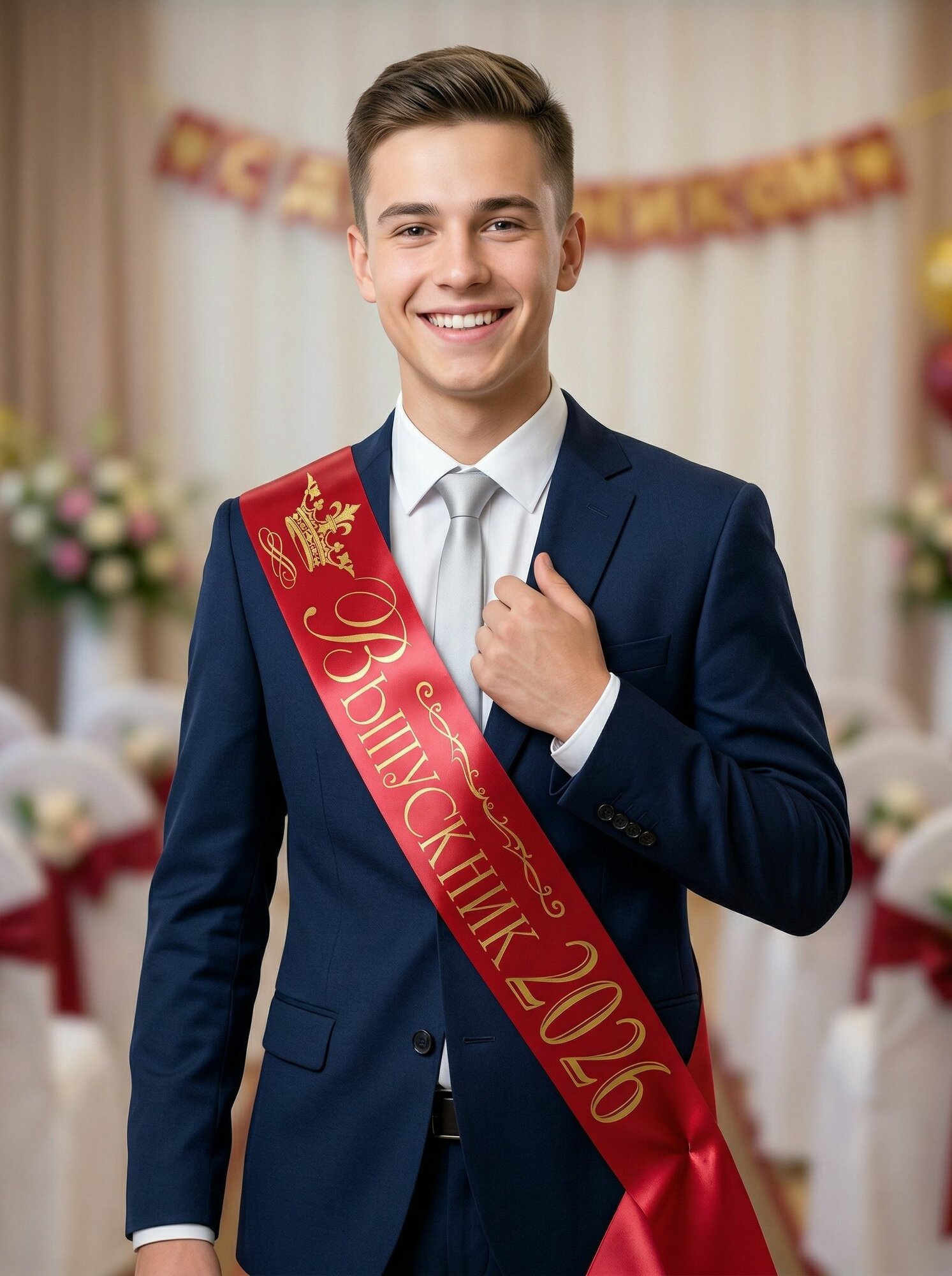 Лента Выпускник 2026 сатин премиум, цвет ленты красный, цвет надписи золото, 1 шт