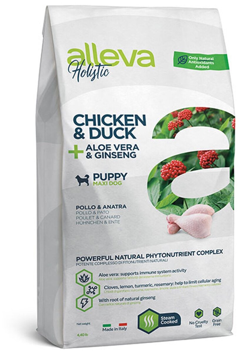 Сухой беззерновой корм ALLEVA HOLISTIC PUPPY CHICKEN & DUCK MAXI для щенков крупных пород с курицей, уткой, 2 кг