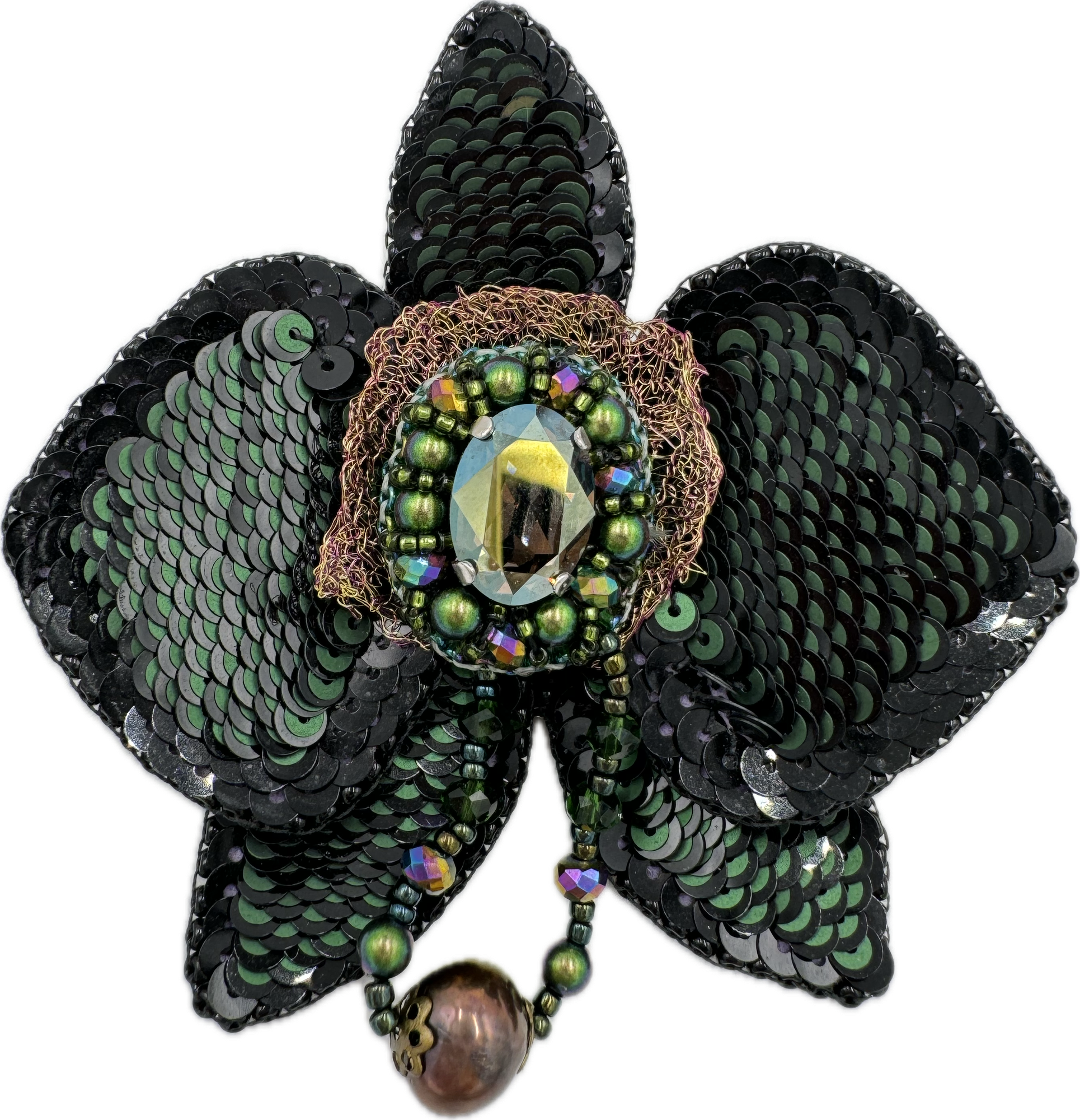 Брошь, Swarovski Zirconia, бисер, жемчуг имитация