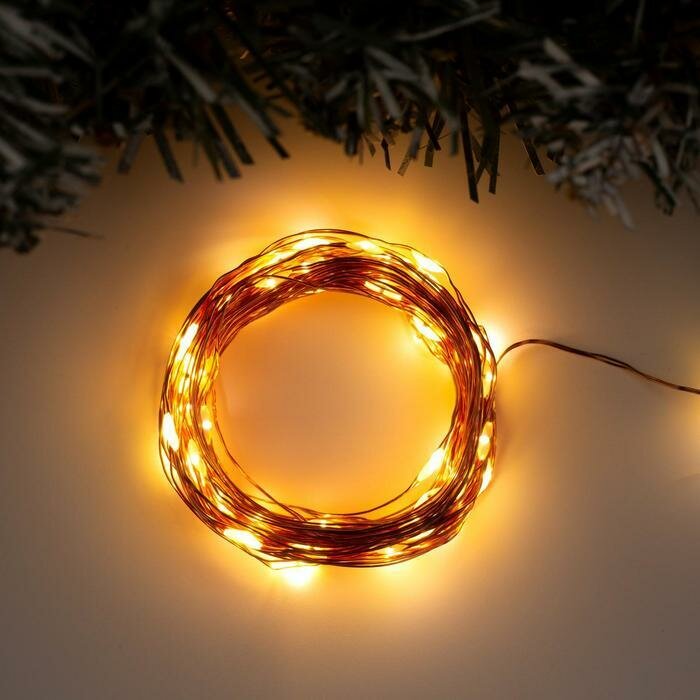 Гирлянда новогодняя Luazon Lighting "Нить", 10 м, роса, IP20, медная, 100 LED, свечение теплое белое, 12 В