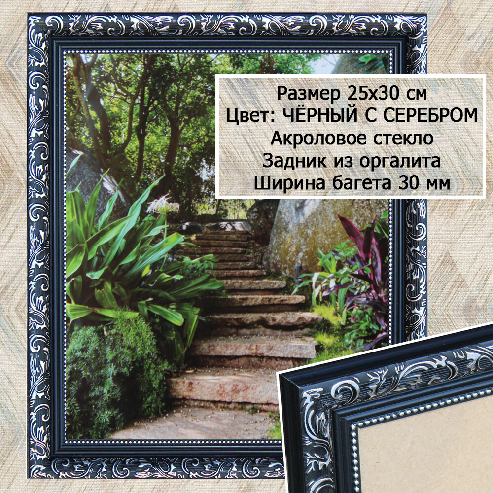 Фоторамка из пластика 25х30 см Садко 3 чёрный с серебром ширина багета 30 мм